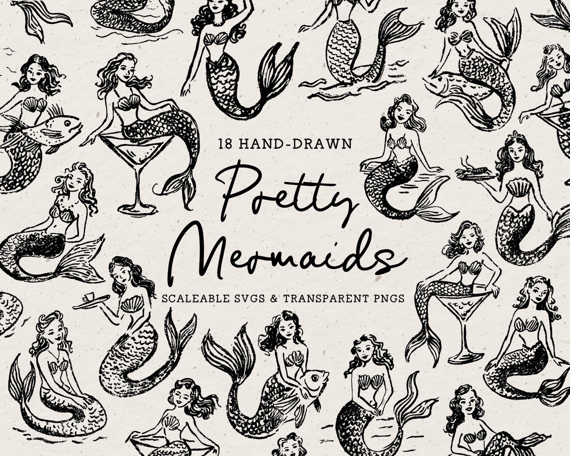 Pretty Mermaid Clipart Set, Hand Drawn Vintage Summer Doodles ...
