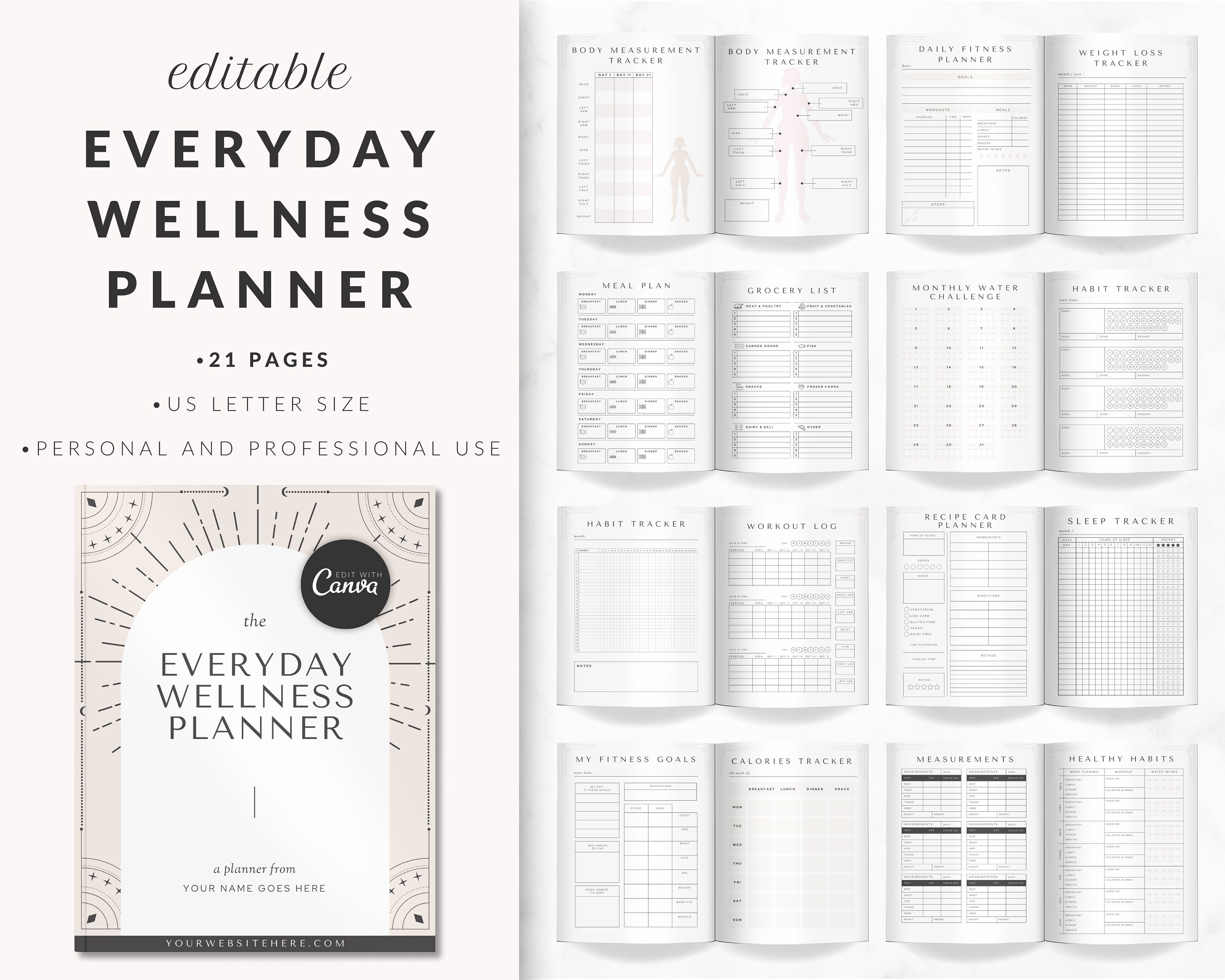 Editable Everyday Wellness Planner Canva Template, Healthy Lifestyle ...