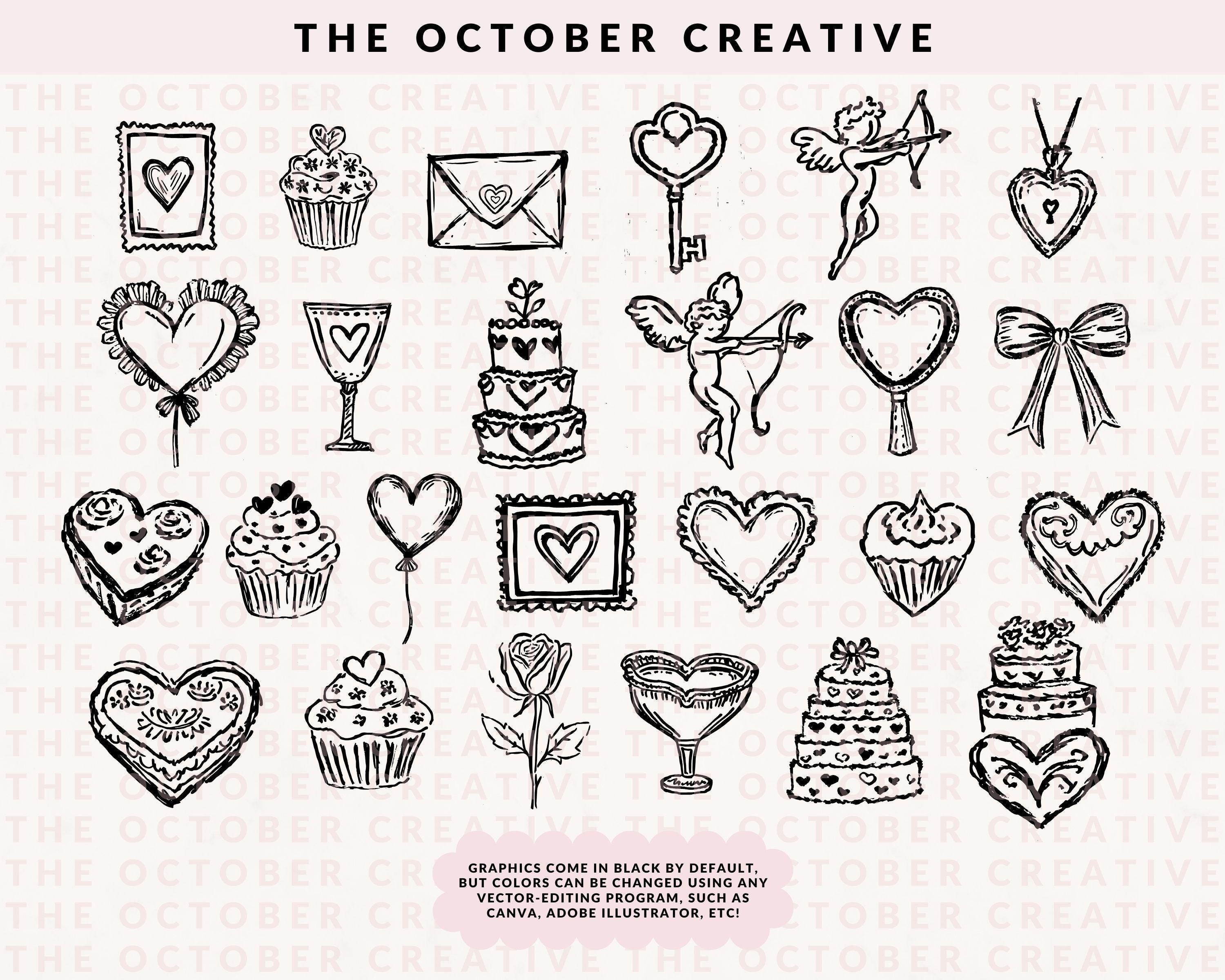 Hand Drawn Valentine's Day Doodle Bundle, Romantic Line Art ...