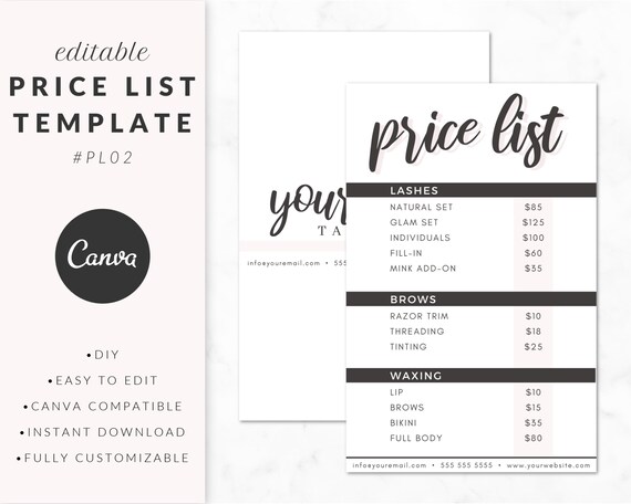 Price List Template for Canva Editable Pricing Guide Service | Etsy