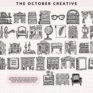 Old Library Clipart, Hand Drawn Doodle Illustration Bundle, Whimsical ...