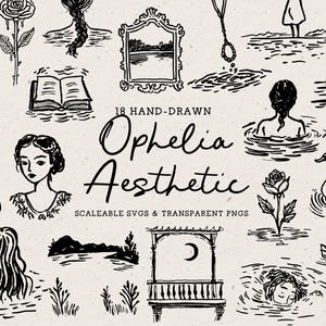 Ophelia Aesthetic Clipart, Hand Drawn Shakespeare Doodle Bundle, SVG ...