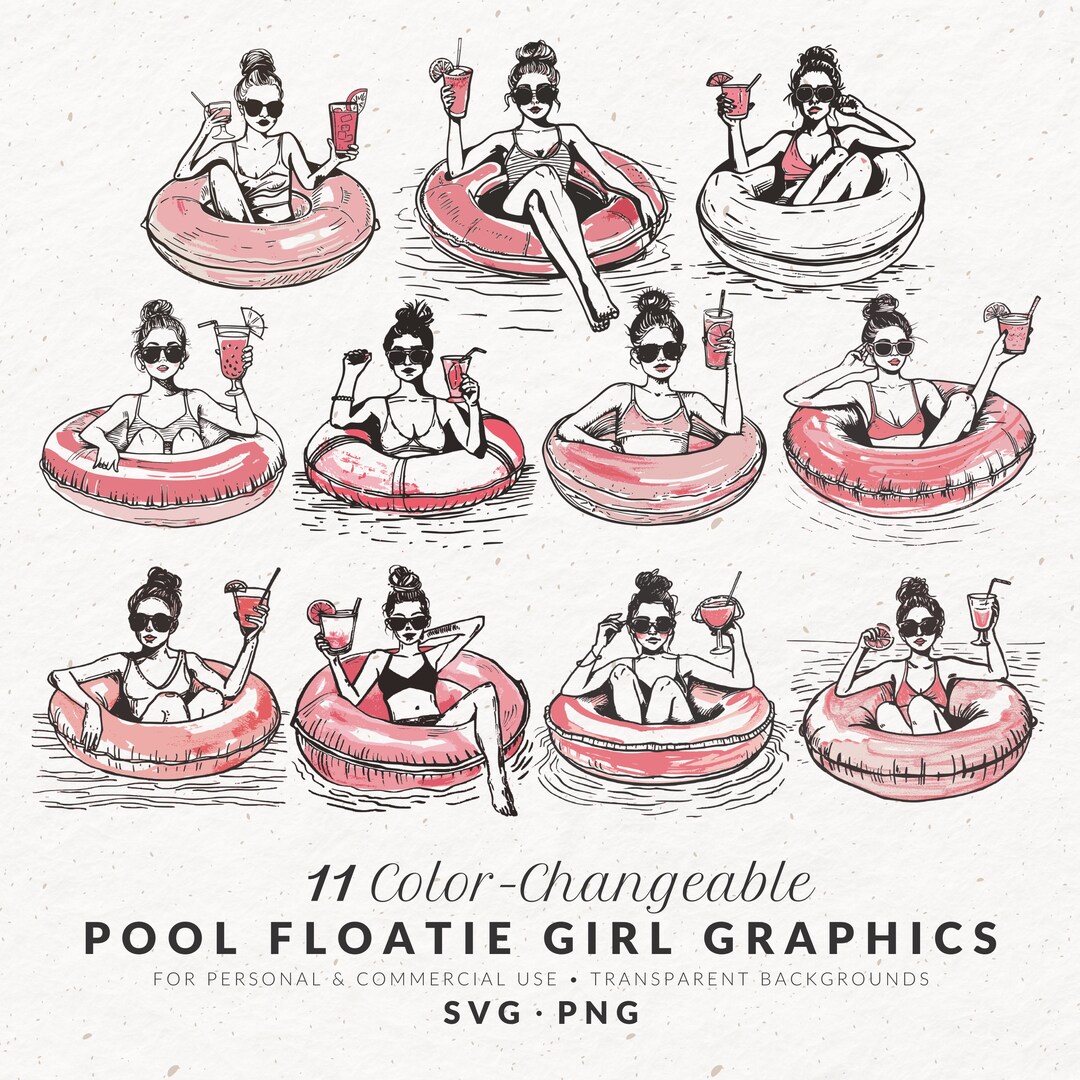 Hand Drawn Girl in Pool Floatie Illustration, Color SVG PNG, Woman ...