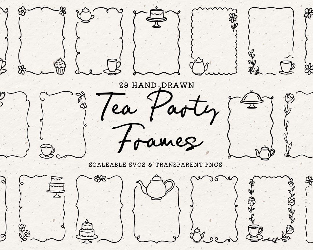 Wedding Invitation Border Frame Set, Hand Drawn Tea Party Illustration ...