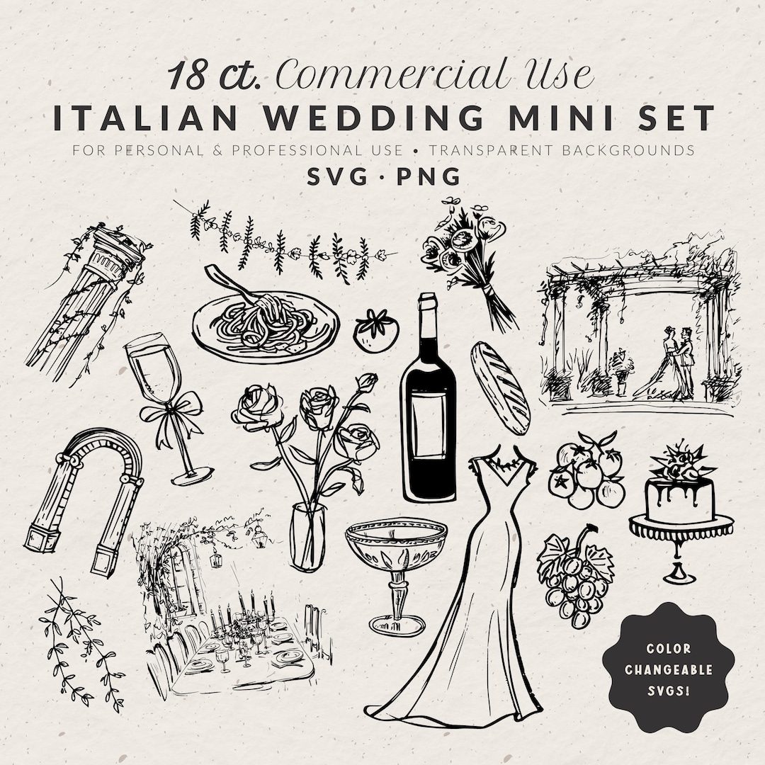 Hand Drawn Italian Wedding Dinner Illustration Set SVG PNG ...