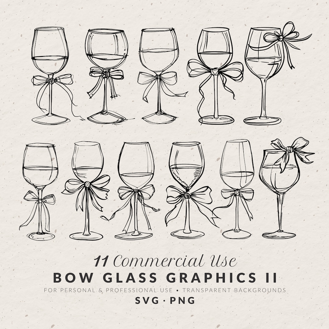 Hand Drawn Ribbon Bow Wine Glasses Illustration Bundle SVG PNG, Vintage ...