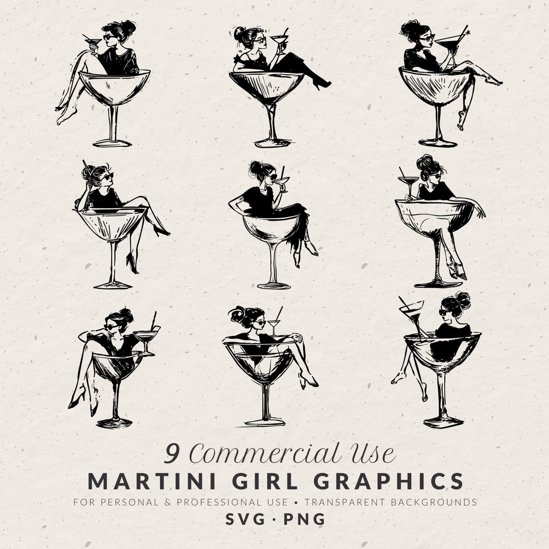 Hand Drawn Martini Glass Girl Illustration SVG PNG, Hand Drawn Wedding ...