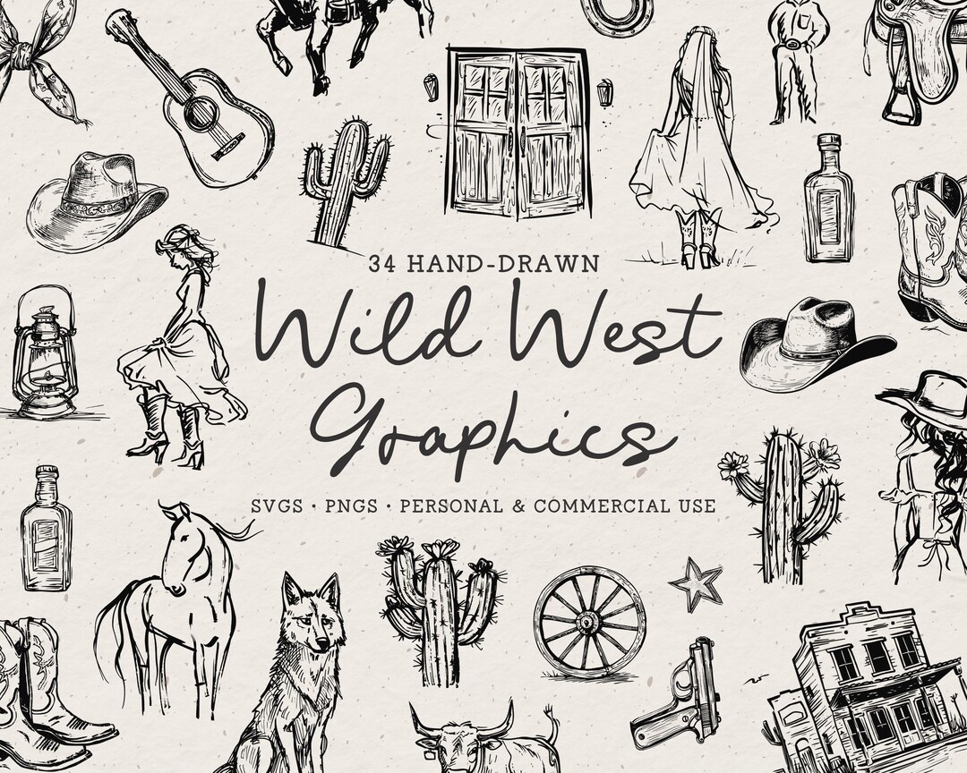 Hand Drawn Wild West Illustration Bundle SVG PNG, Cowgirl Clip Art ...