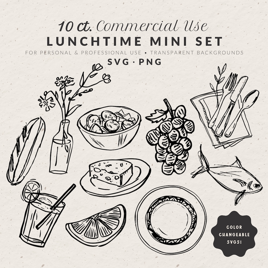 Hand Drawn Lunch Food and Drink Illustration Set SVG PNG, Luncheon ...