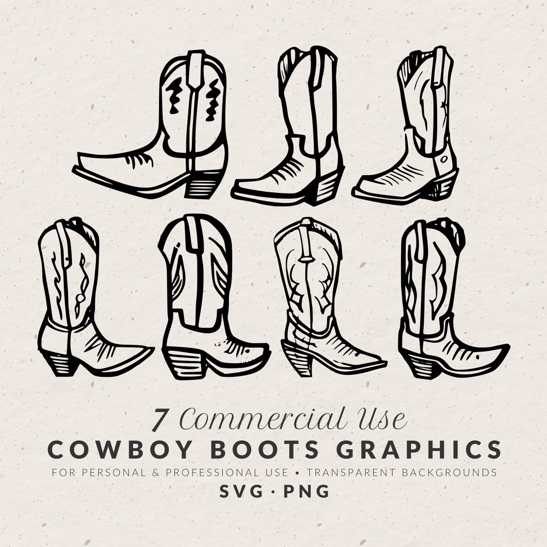 Hand Drawn Cowboy Boots Illustration Bundle SVG PNG, Vintage Rodeo ...