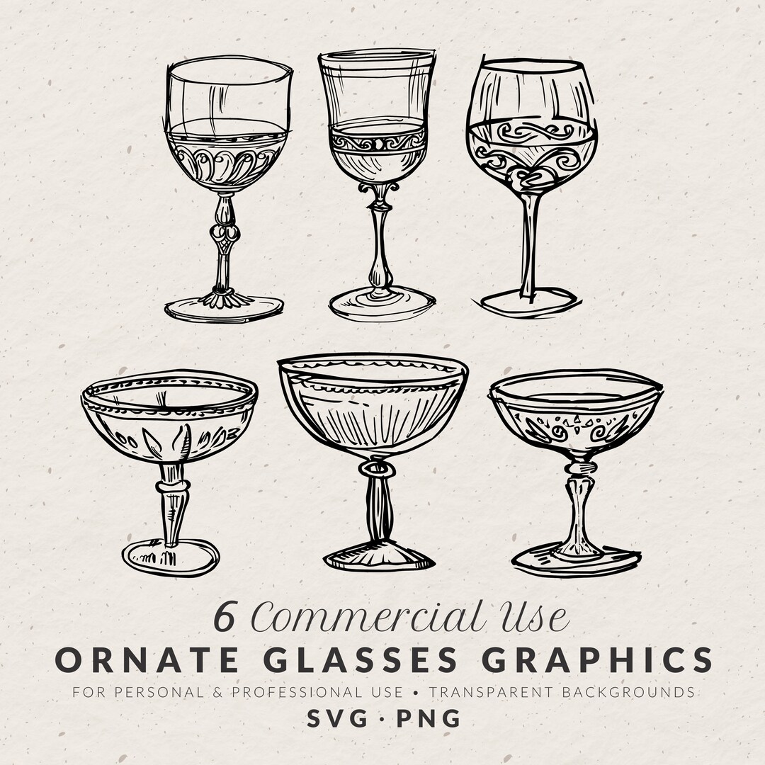 Hand Drawn Ornate Cocktail Glass Illustration Bundle SVG PNG, Vintage ...