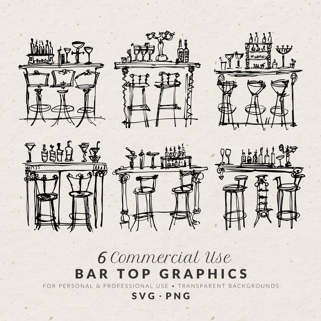 Hand Drawn Cocktail Bar Illustration Bundle SVG PNG, Whimsical Line Art ...