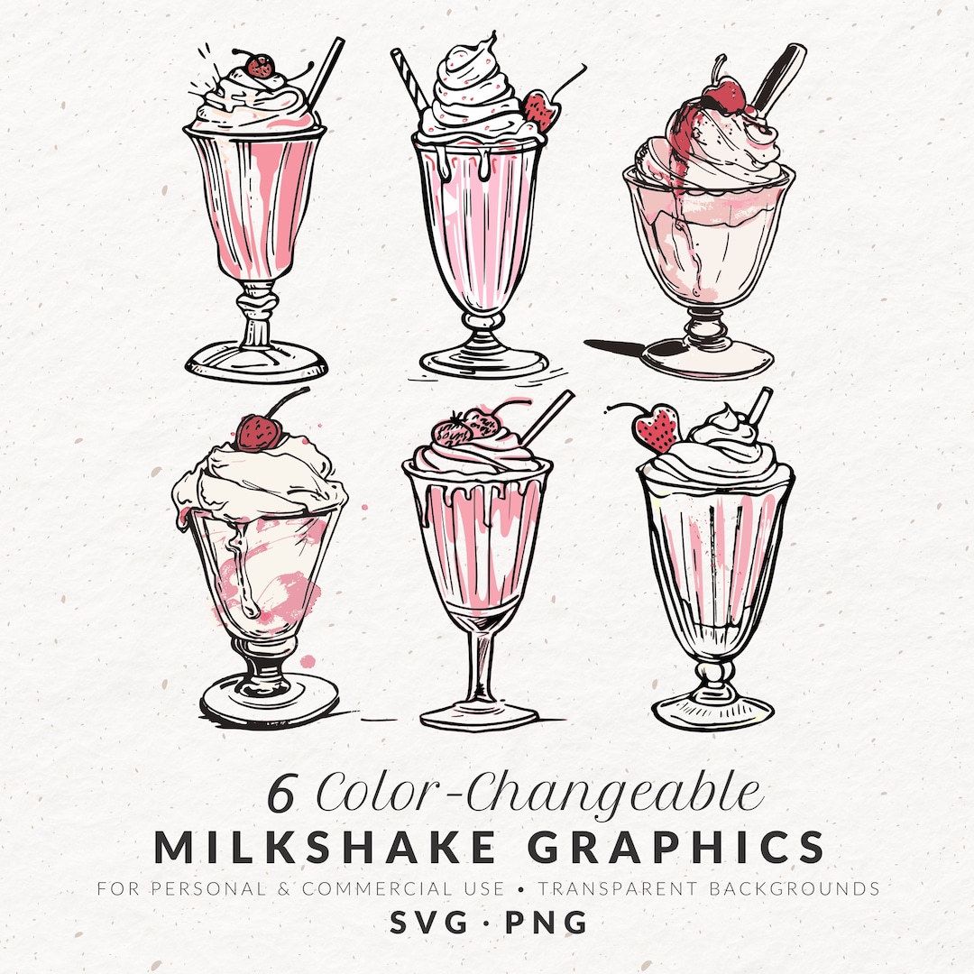 Hand Drawn Retro Milkshake Illustrations SVG PNG, Color Dessert Food ...