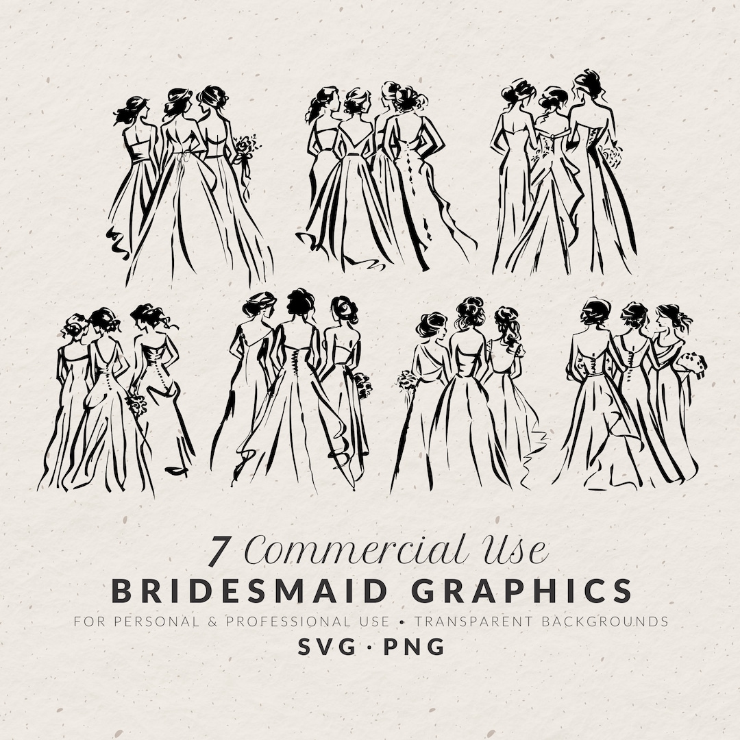 Hand Drawn Bridesmaids Illustration Bundle SVG PNG, Vintage Doodles ...
