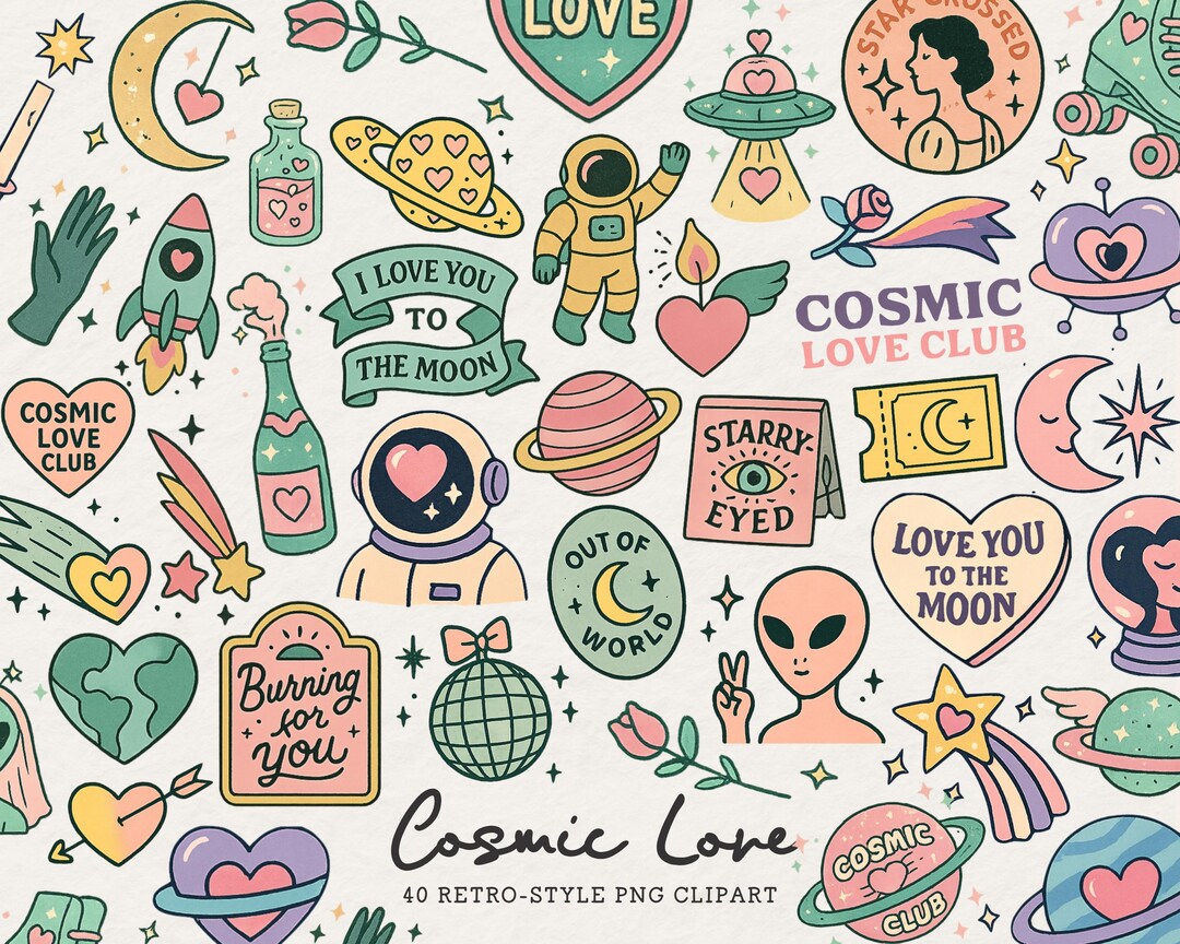 Cosmic Love Retro Clipart Bundle, Space Alien Graphics for Party ...