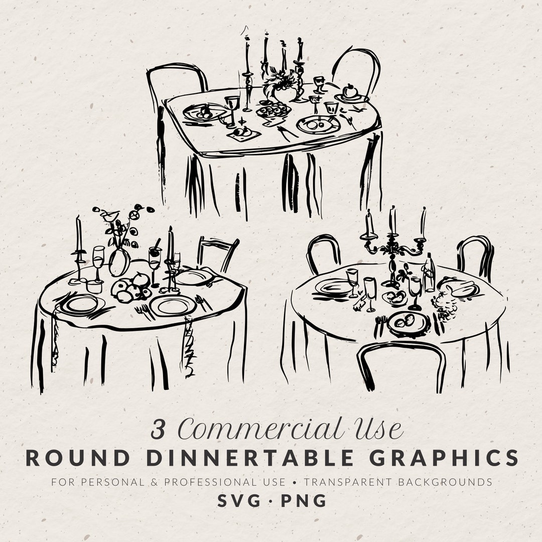 Hand Drawn Round Dinner Table Illustration Bundle SVG PNG, Vintage ...