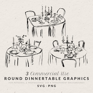 Hand Drawn Round Dinner Table Illustration Bundle SVG PNG, Vintage ...