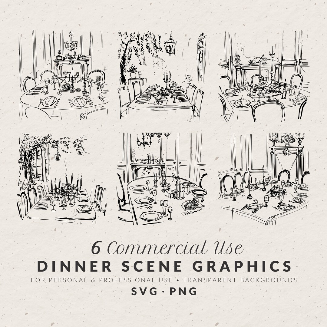 Hand Drawn Fancy Dinner Scene Illustration Bundle SVG PNG, Vintage ...