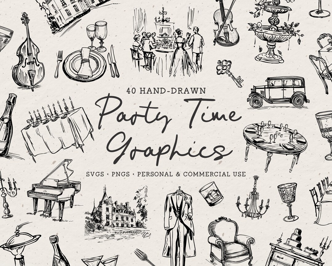 Hand Drawn Vintage Fancy Party Illustration Bundle SVG PNG, Cocktail ...