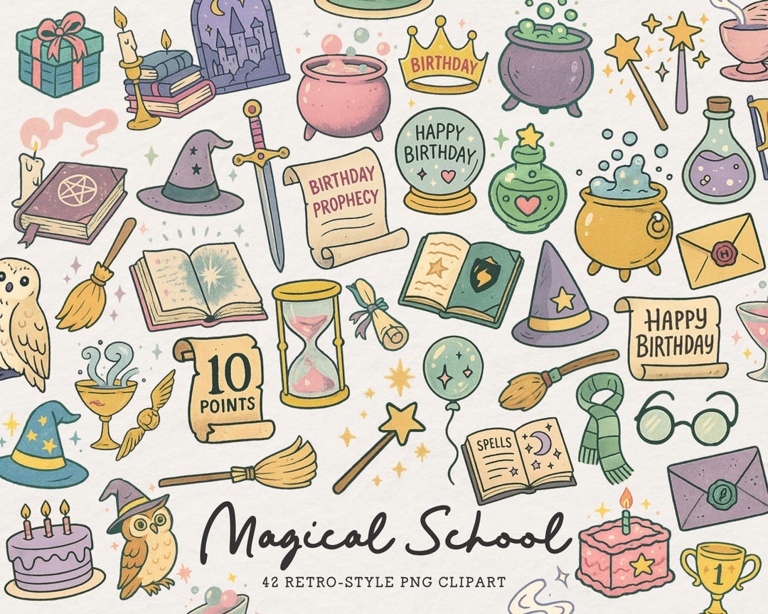 Magic School Clipart Bundle, Retro Graphics for Kids Party Invitations ...