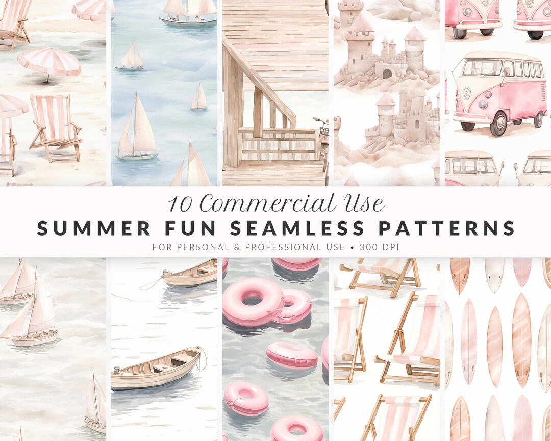 Watercolor Summer Fun Seamless Patterns Pngs, Seamless Pattern Bundle ...