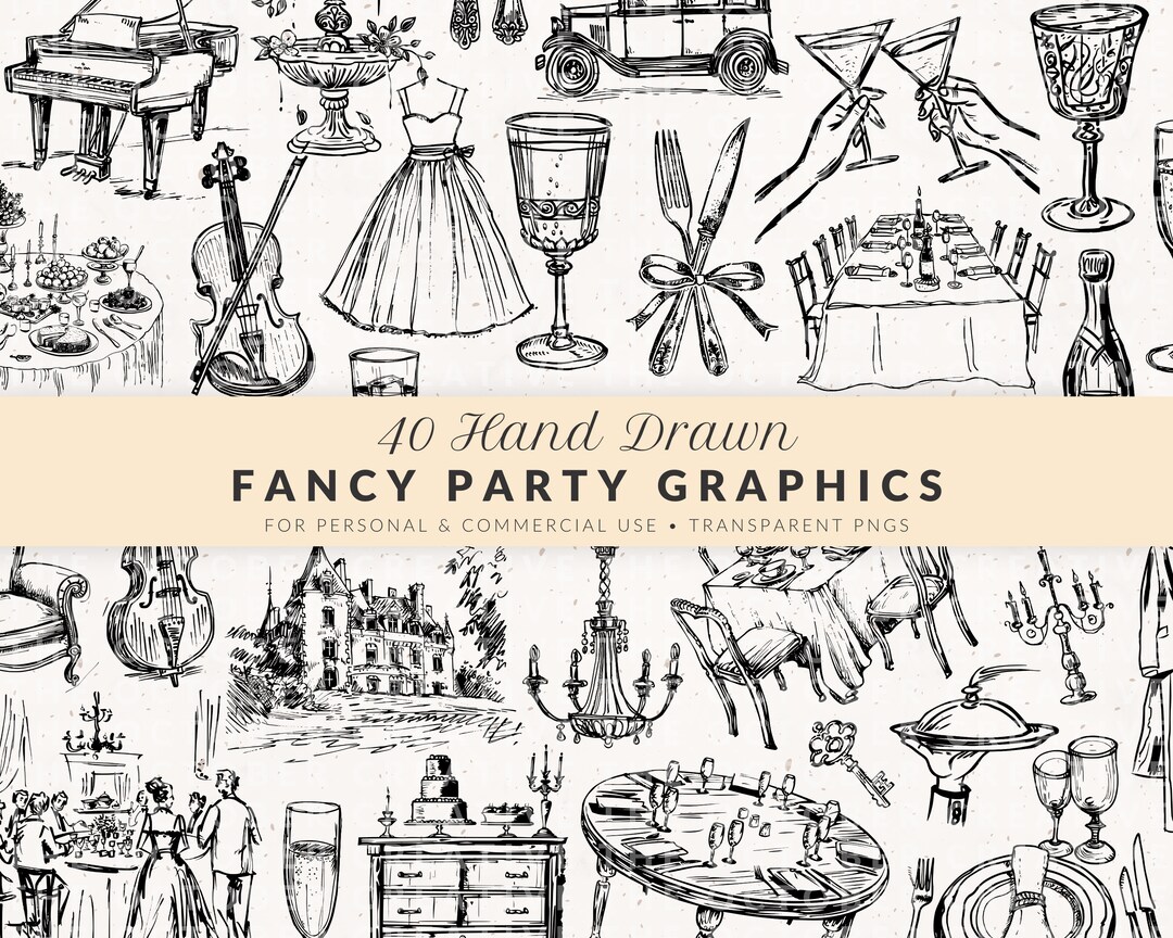Hand Drawn Vintage Fancy Party Illustration Bundle SVG PNG, Cocktail ...