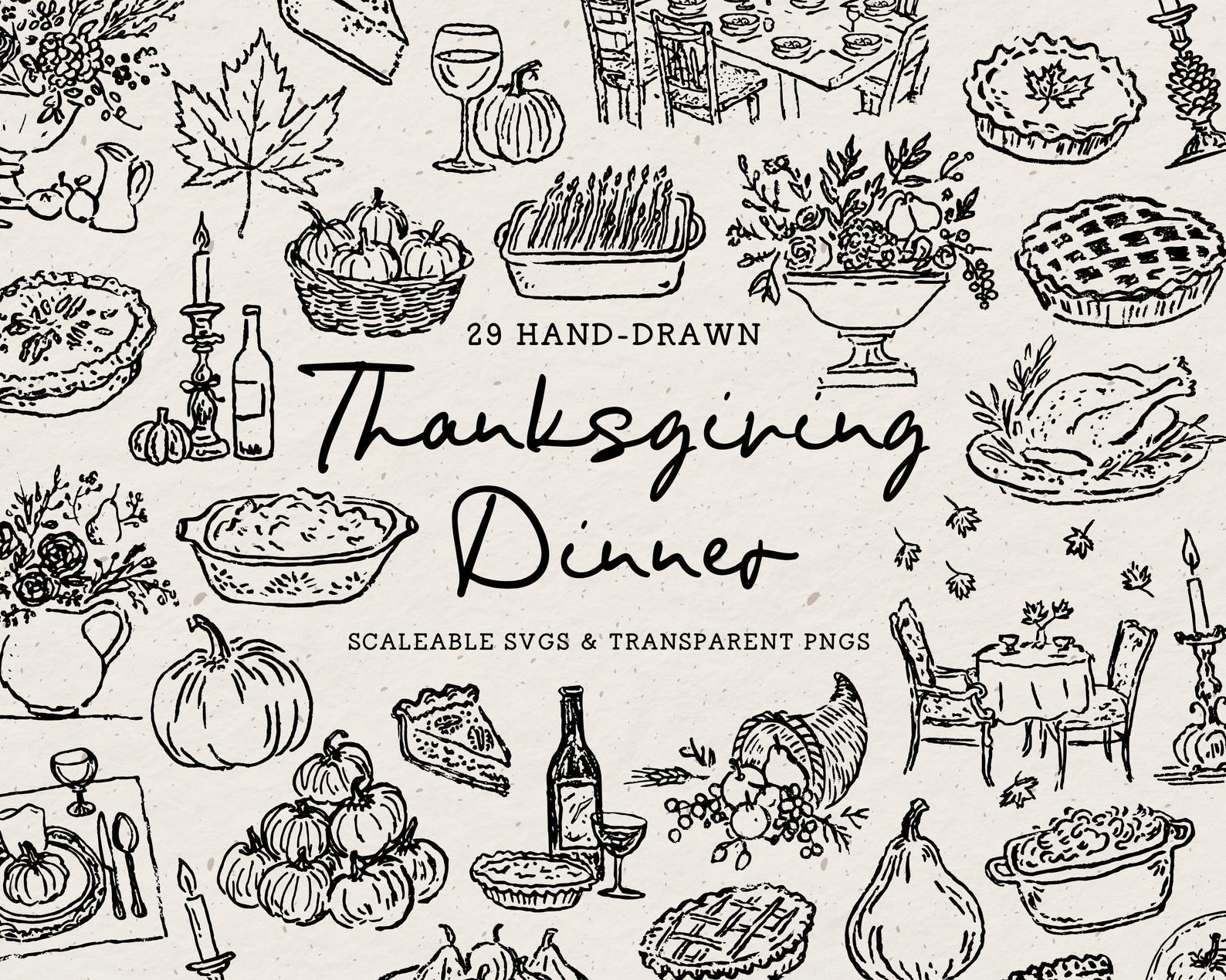 Thanksgiving Dinner Clipart Bundle , Hand Drawn Fall Holiday Feast ...