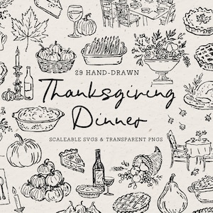 Thanksgiving Dinner Clipart Bundle , Hand Drawn Fall Holiday Feast ...