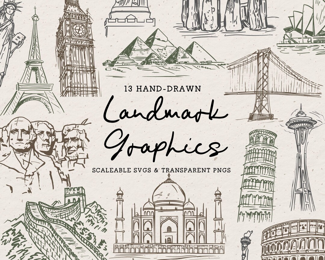 Famous Landmark Doodle Clipart, Hand Drawn Bundle, SVG PNG ...