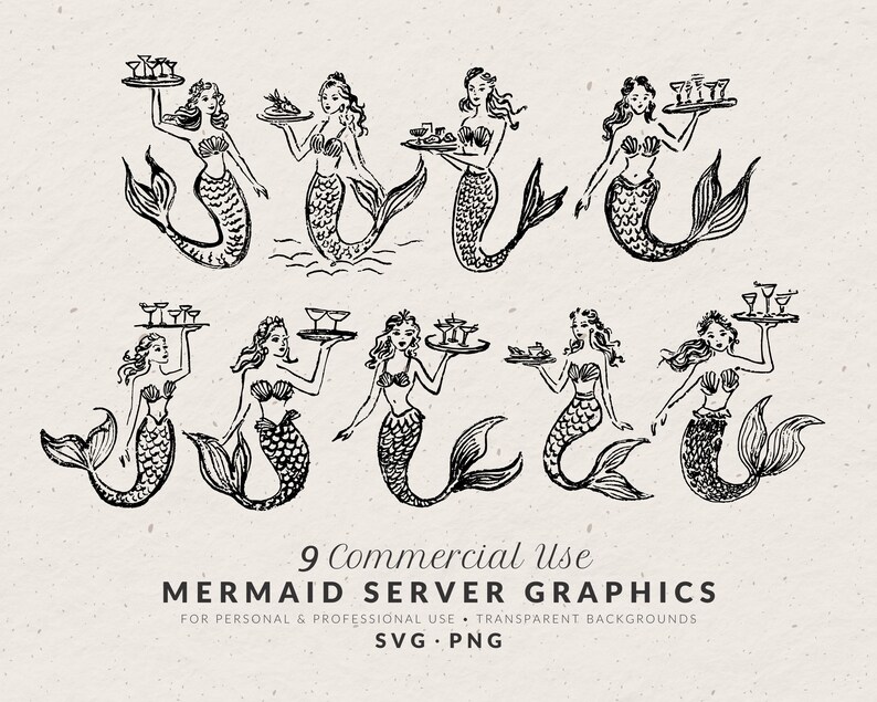 Mermaid Server Clipart, Hand Drawn Cocktail Waitress Doodles, Vintage ...