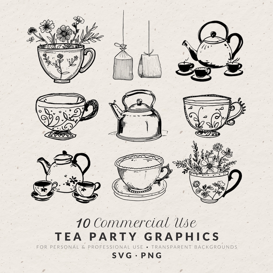 Hand Drawn Tea Party Illustrations SVG PNG, Hand Drawn Tea Set Icons ...