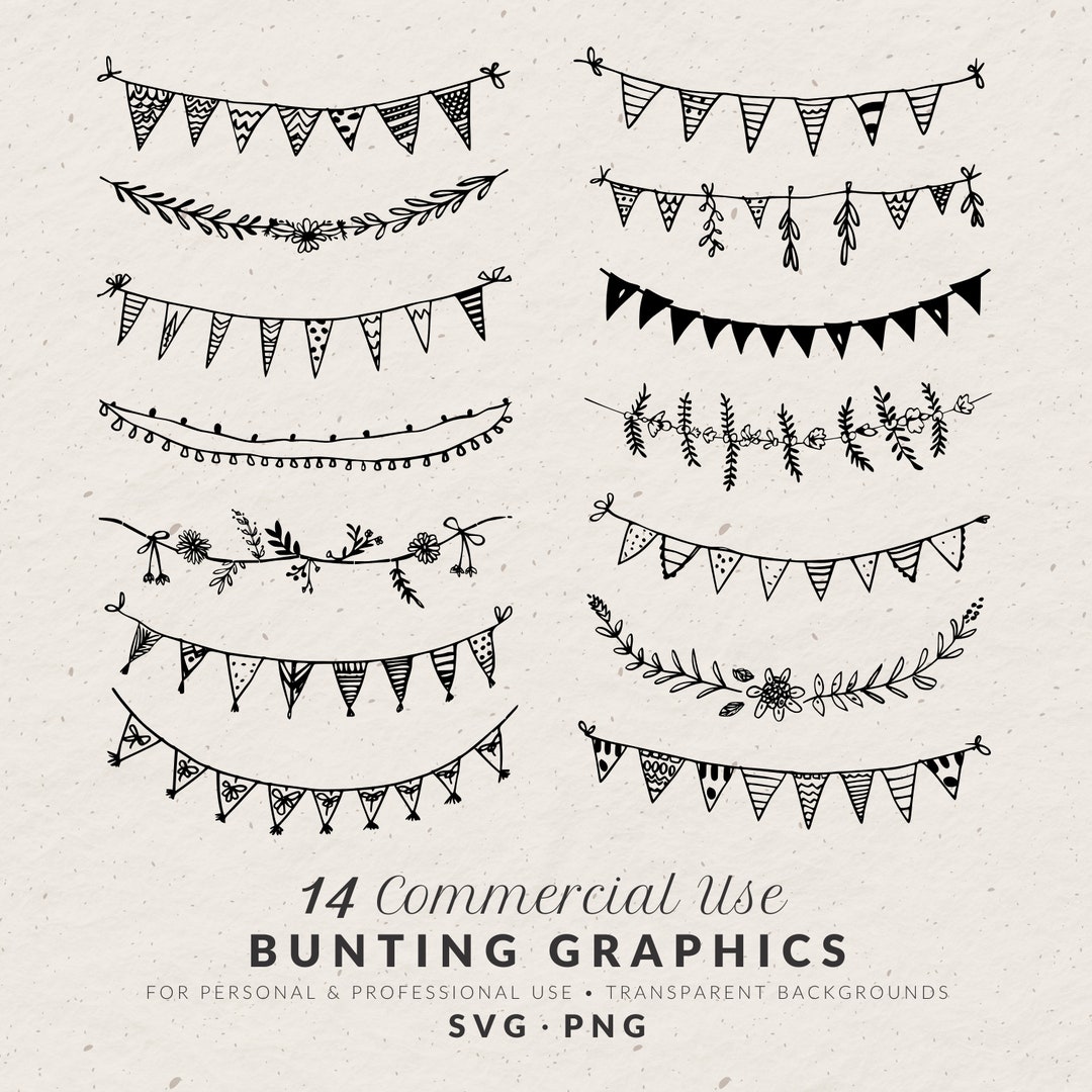 Hand Drawn Bunting Illustrations, Whimsical Party Doodle Line Art ...