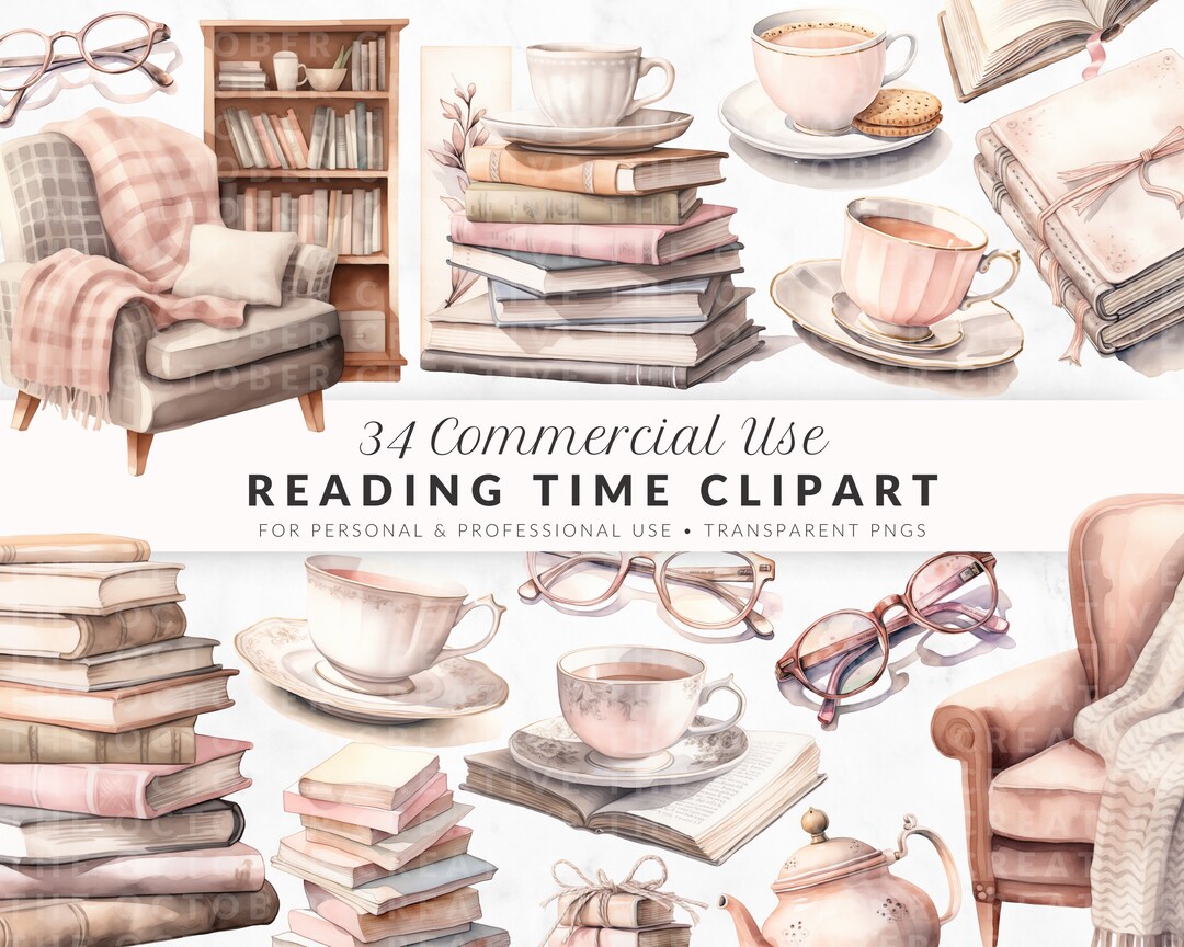 Watercolor Reading Clip Art PNG, Book Lover Clip Art, Clip Art Bundle ...