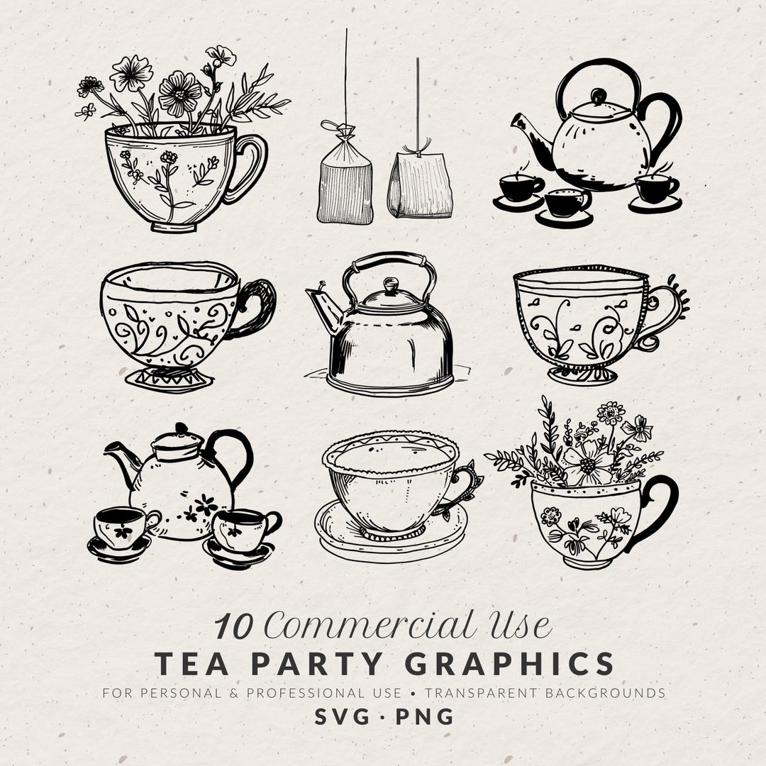 Tea Party Doodle Art: Hand Drawn Graphics (SVG & PNG) - Etsy