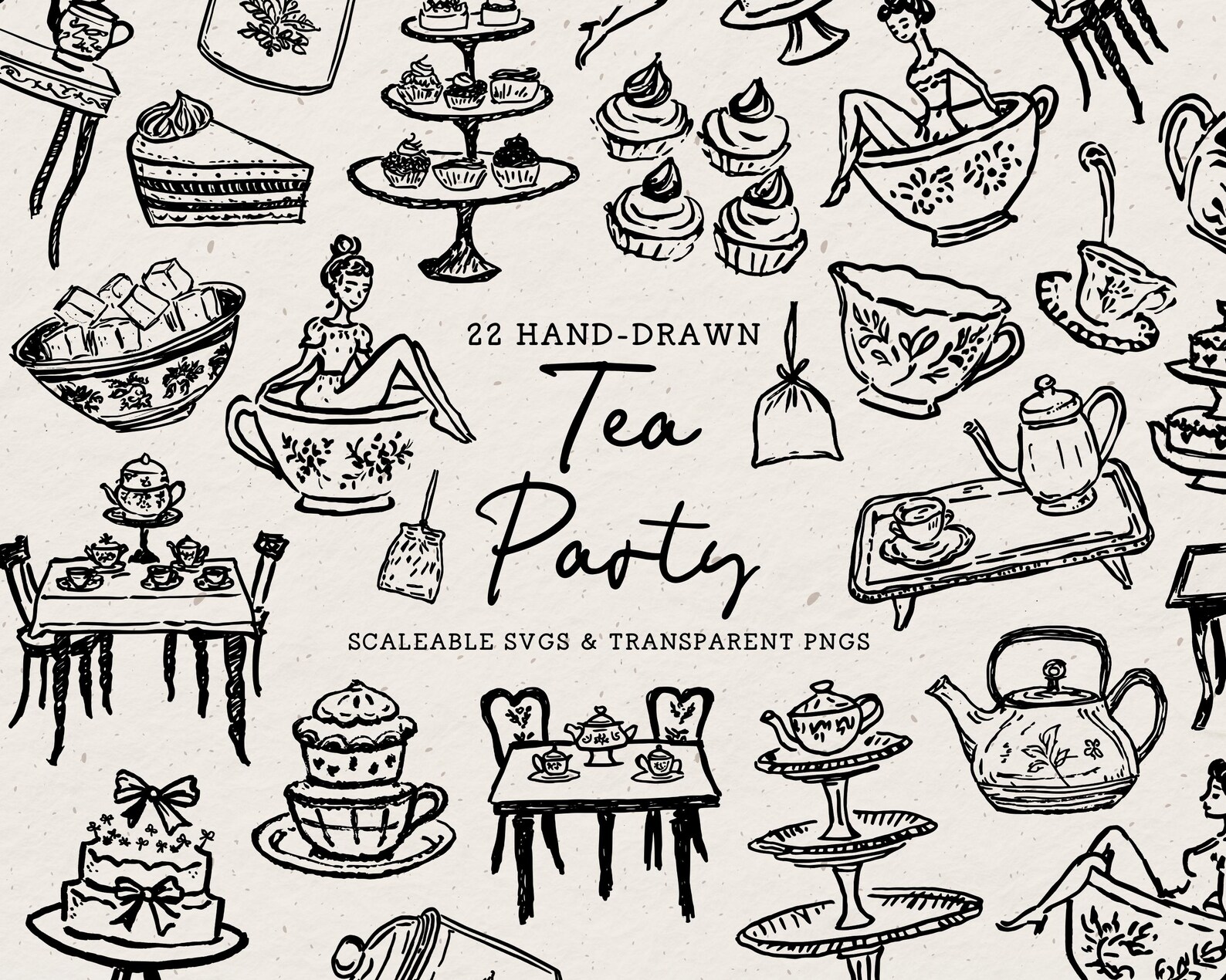 Tea Party Doodle Clipart, Whimsical High Tea Illustration Bundle, Hand ...