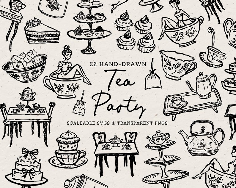 Tea Party Doodle Clipart, Whimsical High Tea Illustration Bundle, Hand ...