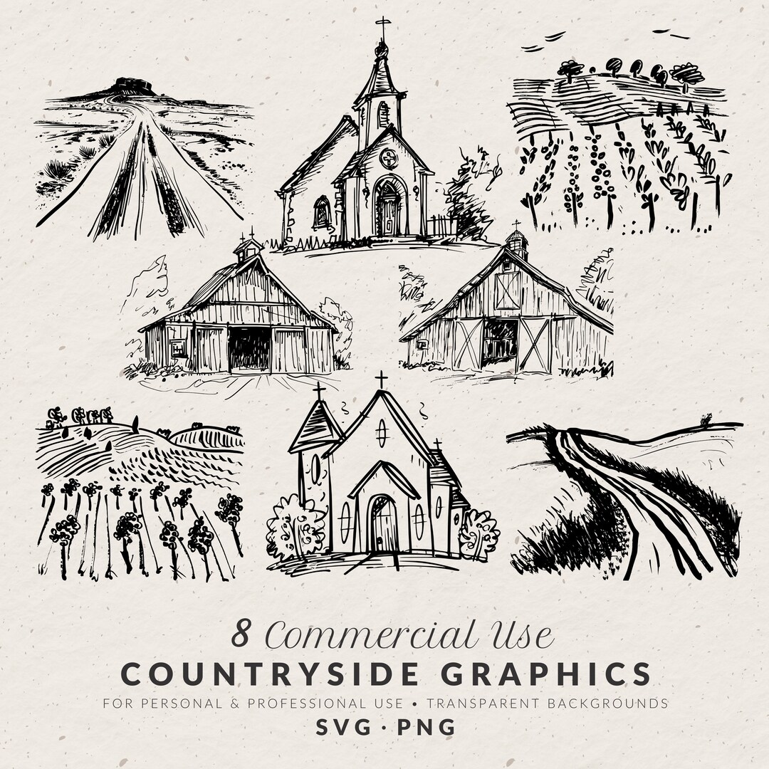 Hand Drawn Countryside Illustrations SVG PNG, Farm Barn Wedding Party ...