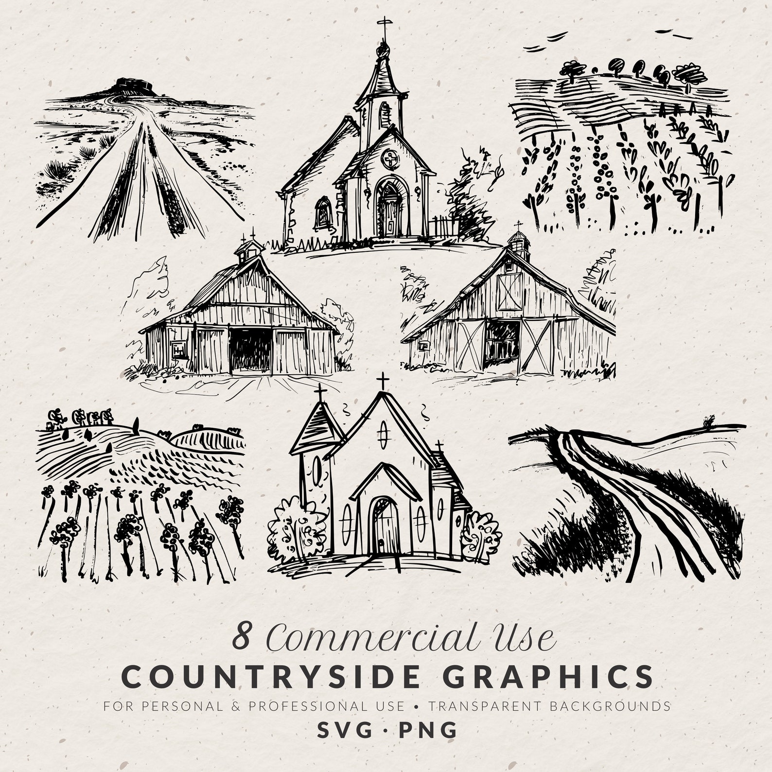 Hand Drawn Countryside Illustrations SVG PNG, Farm Barn Wedding Party ...