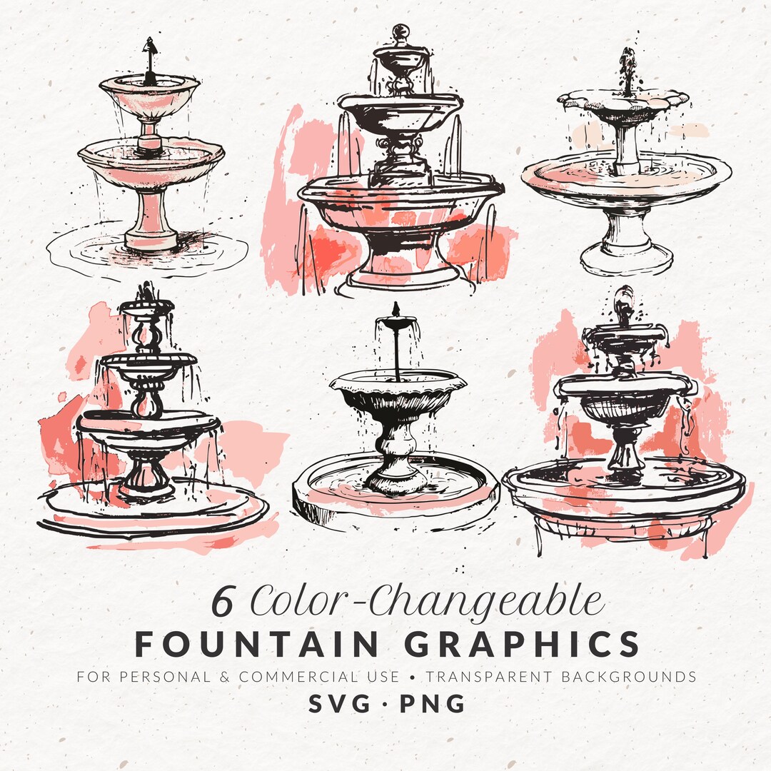 Hand Drawn Water Fountain Illustration SVG PNG, Color Wedding Icons ...