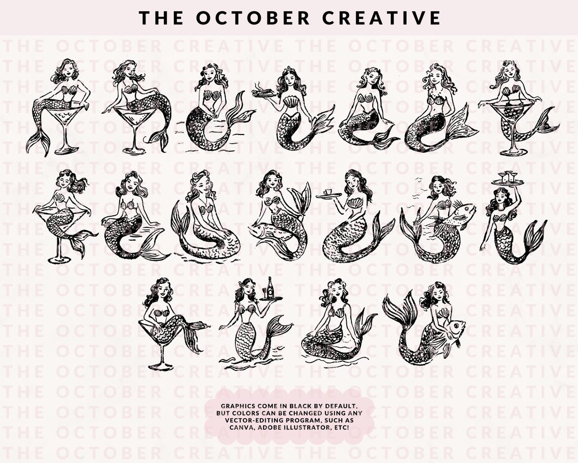 Pretty Mermaid Clipart Set, Hand Drawn Vintage Summer Doodles ...