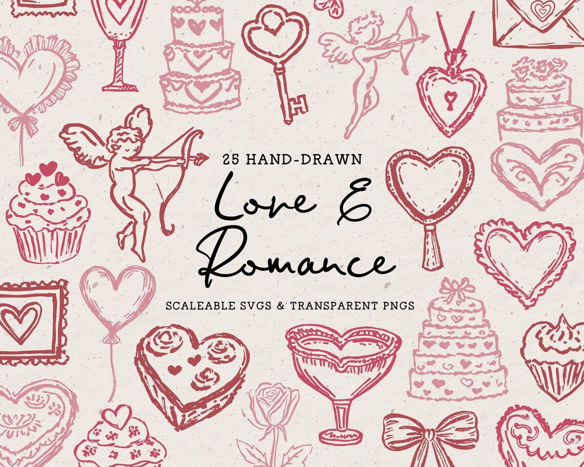 Valentine’s Day Clipart Set, Illustrated Romantic Doodle Bundle ...