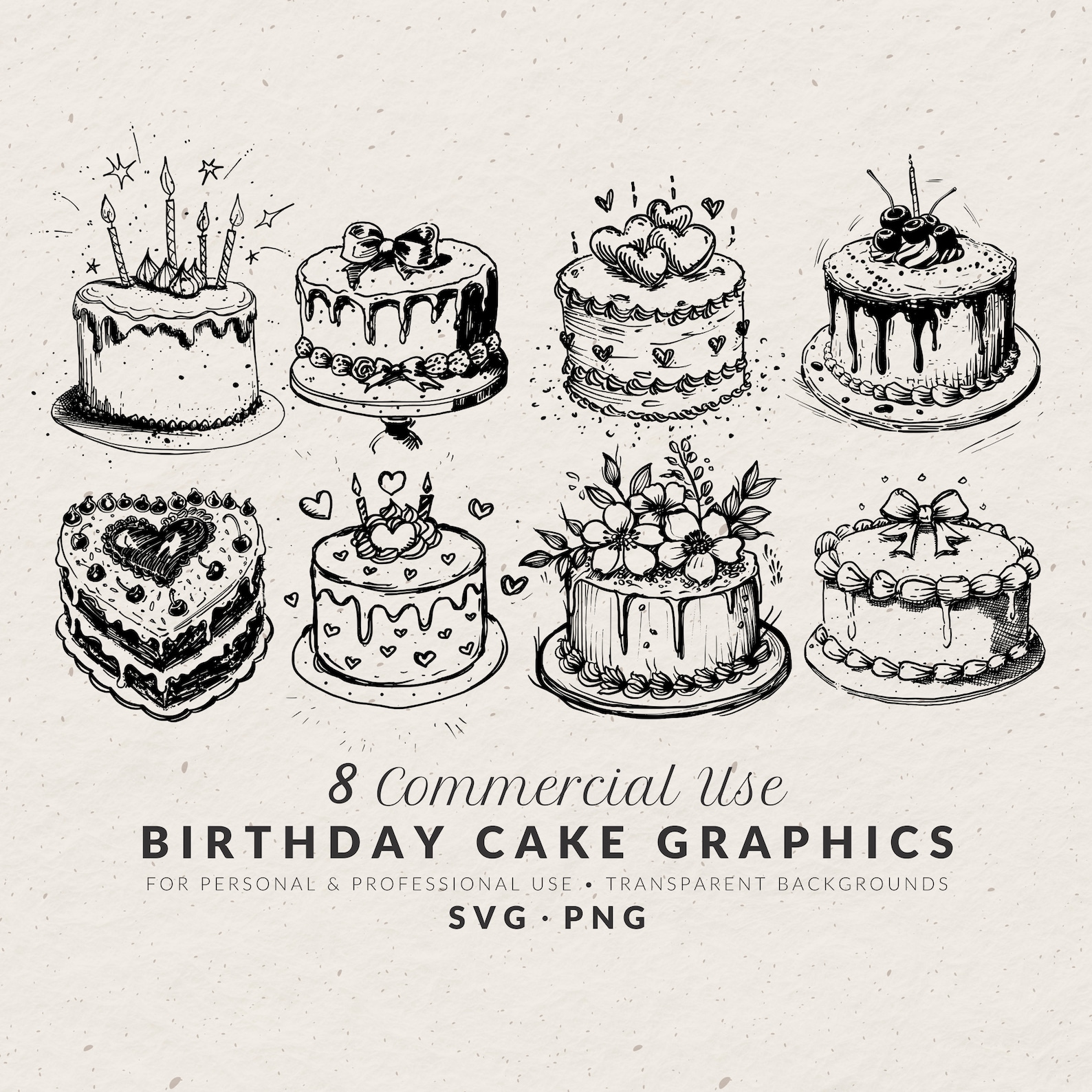 Hand Drawn Birthday Cake Illustration SVG PNG, Hand Drawn Party Icons ...