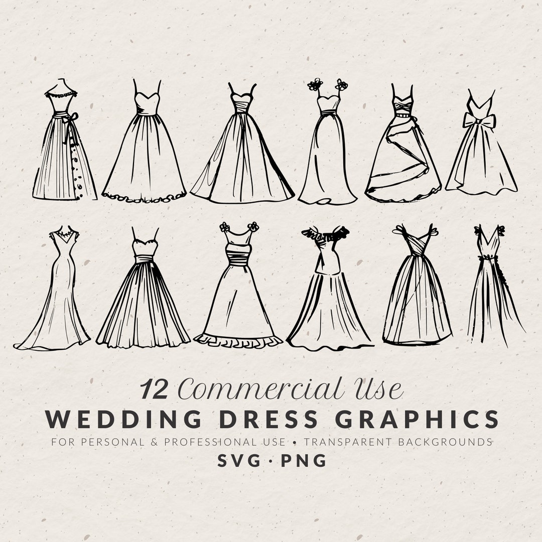 Hand Drawn Wedding Dress Illustration Bundle SVG PNG, Vintage Fashion ...