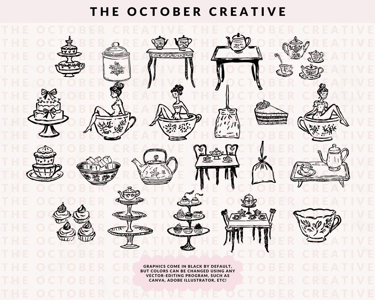 Tea Party Doodle Clipart, Whimsical High Tea Illustration Bundle, Hand ...