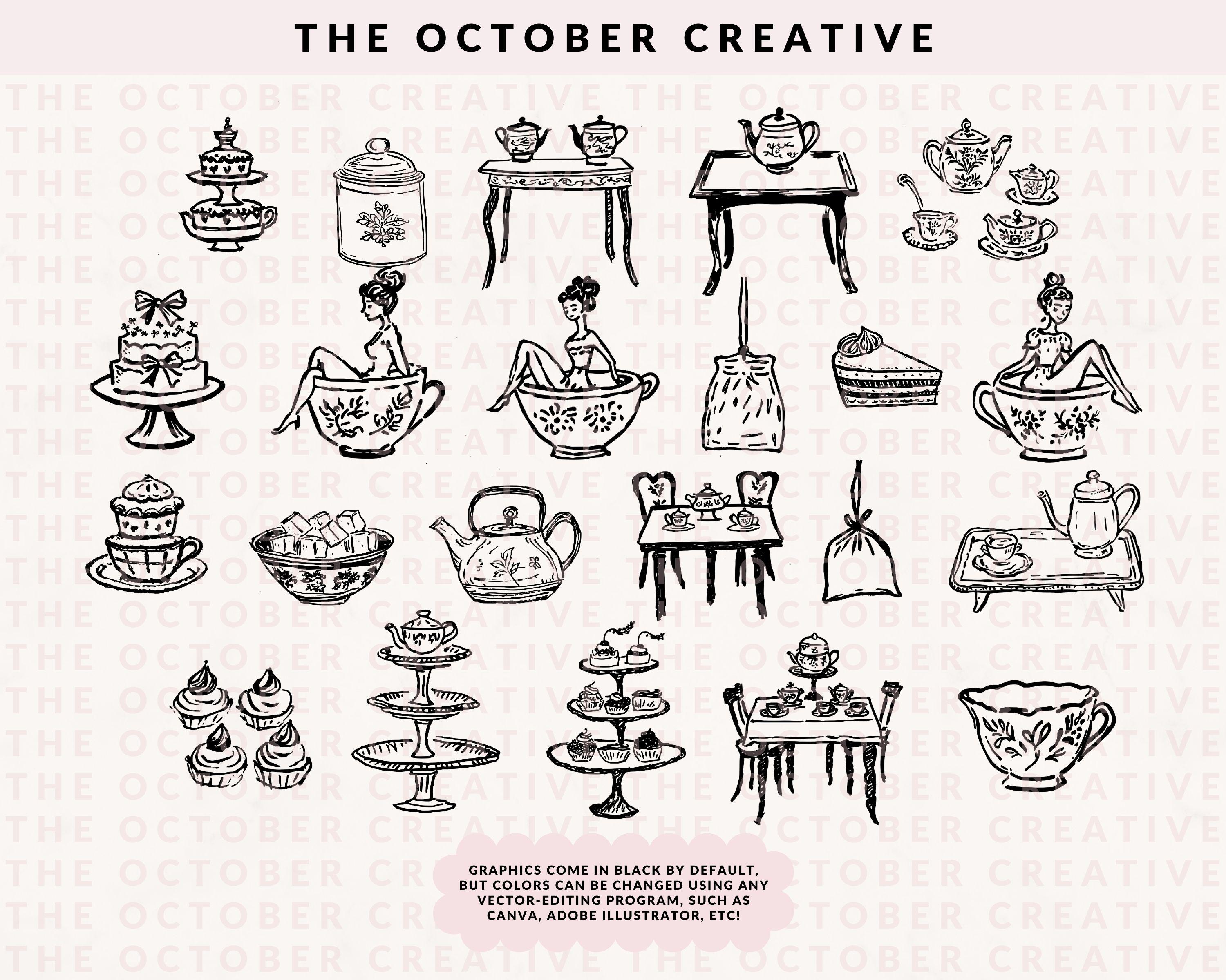 Tea Party Doodle Clipart, Whimsical High Tea Illustration Bundle, Hand ...