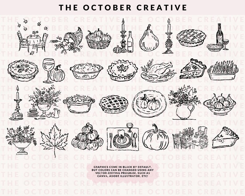 Thanksgiving Dinner Clipart Bundle , Hand Drawn Fall Holiday Feast ...