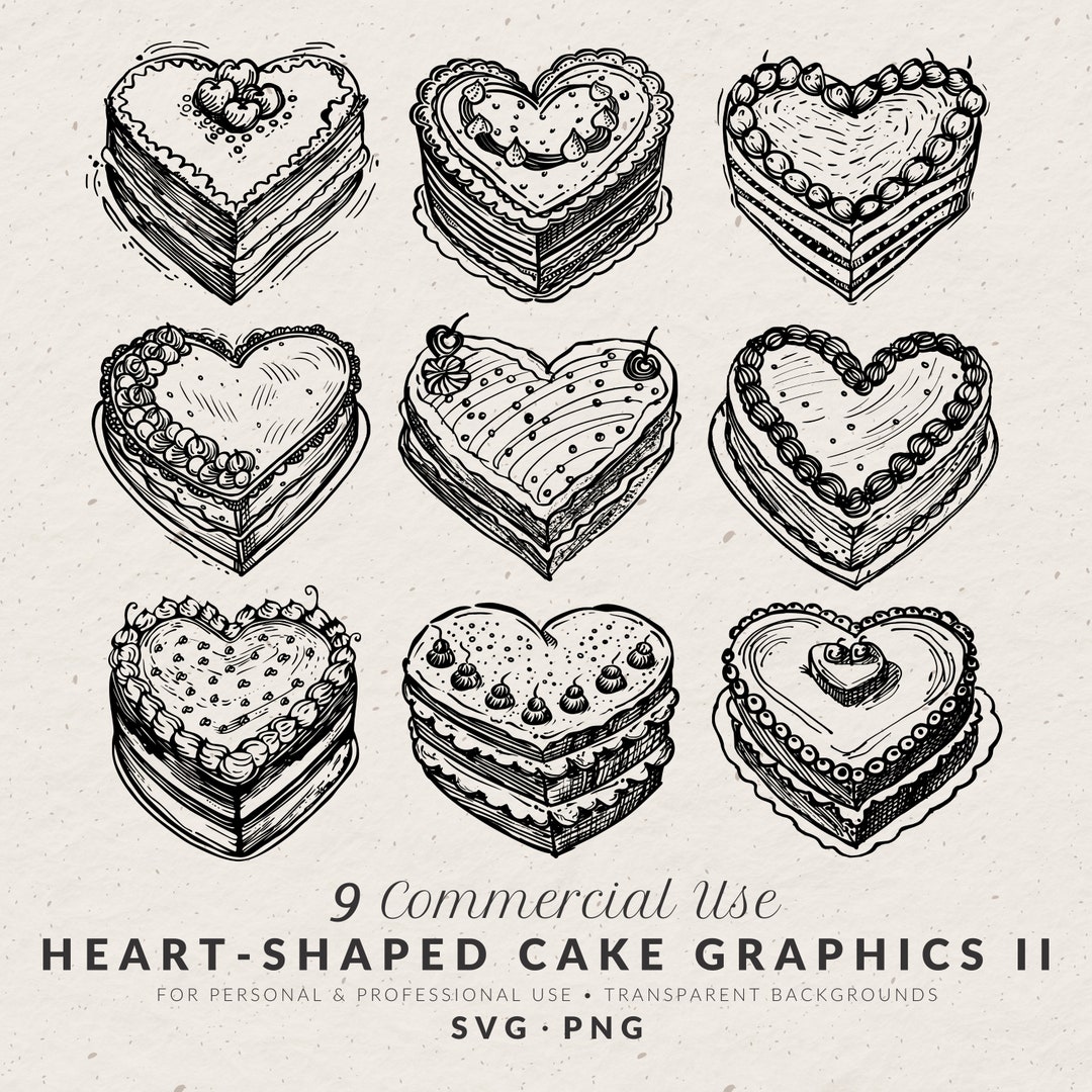 Hand Drawn Heart Shaped Cake Illustration Bundle SVG PNG, Vintage ...