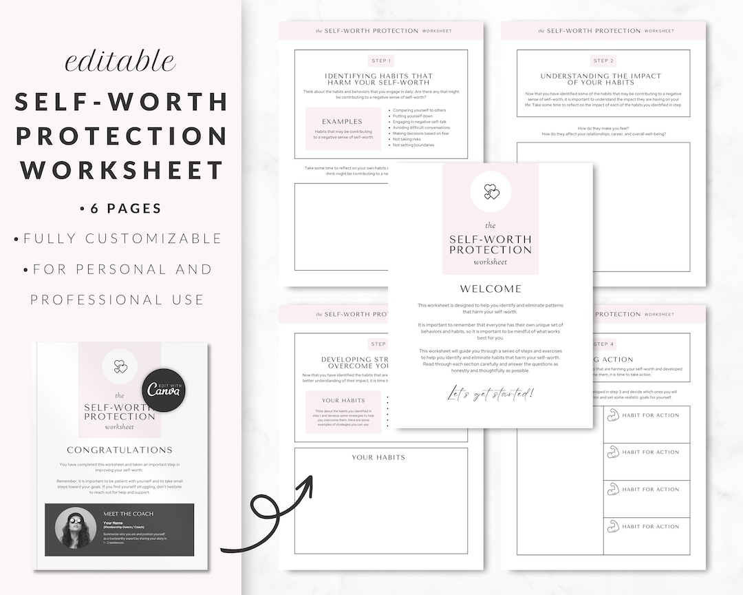Self Worth Worksheet Template, Done for You Life Coaching Worksheets, Coaching Workbook, Coach ...