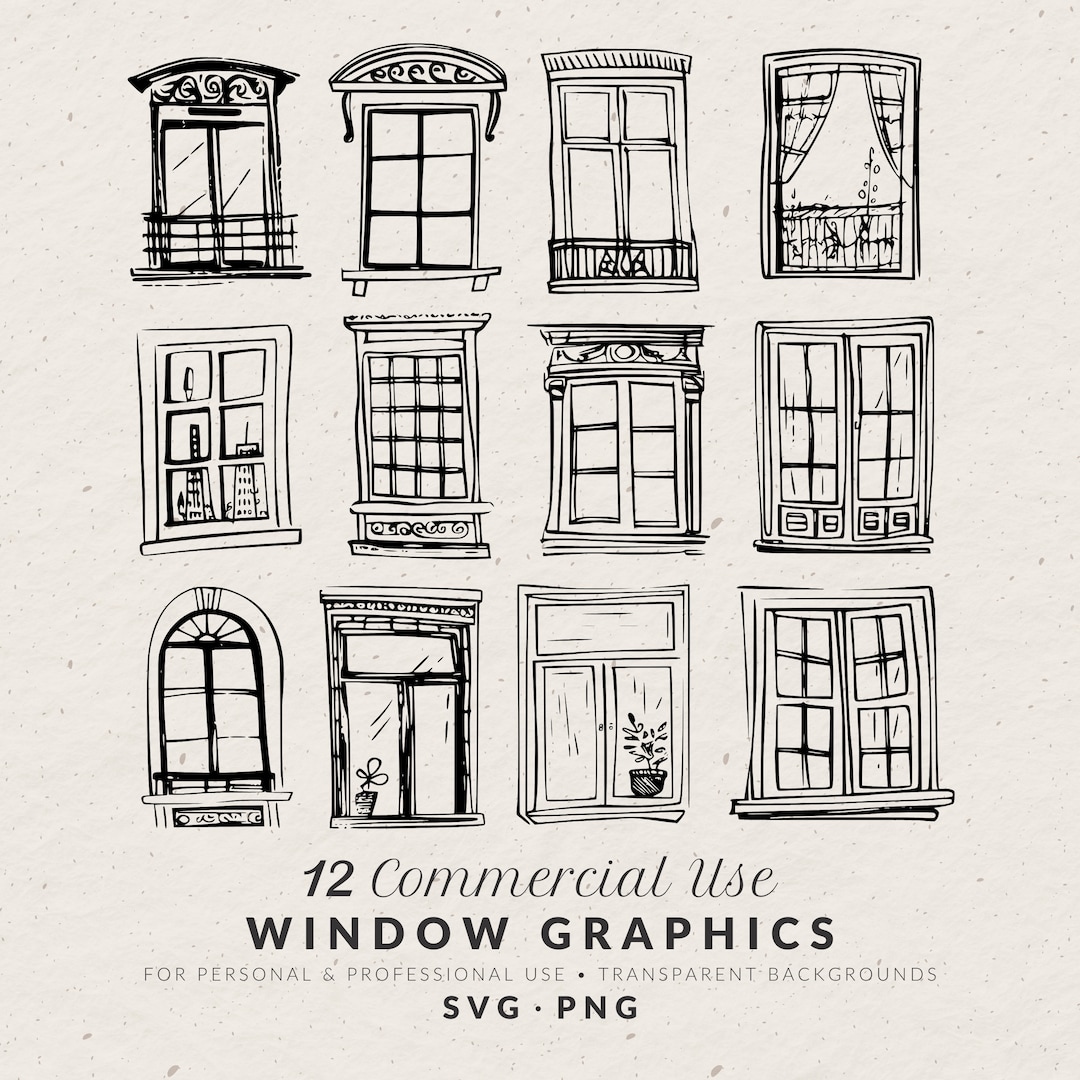 Hand Drawn Window Illustration Bundle SVG PNG, Vintage Retro Balcony ...