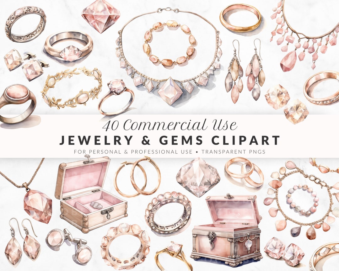 Watercolor Jewelry Clip Art Pngs, Gold Rings, Necklace, Bracelet, Gems ...
